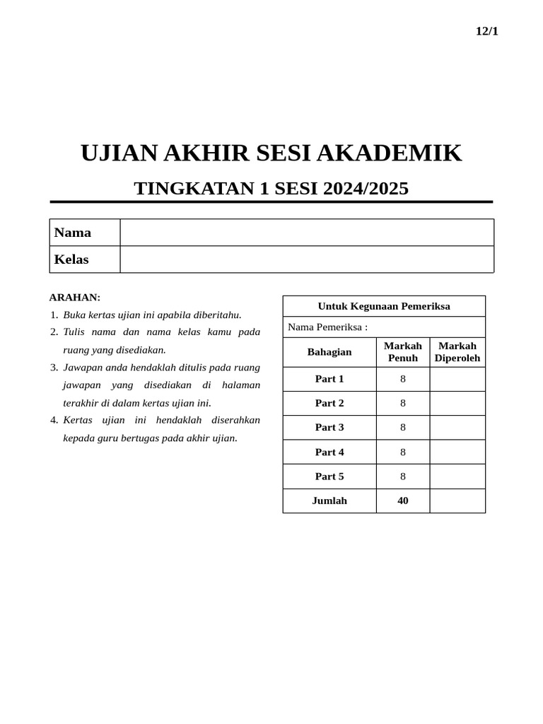 Uasa Paper 1 Form 1 | PDF