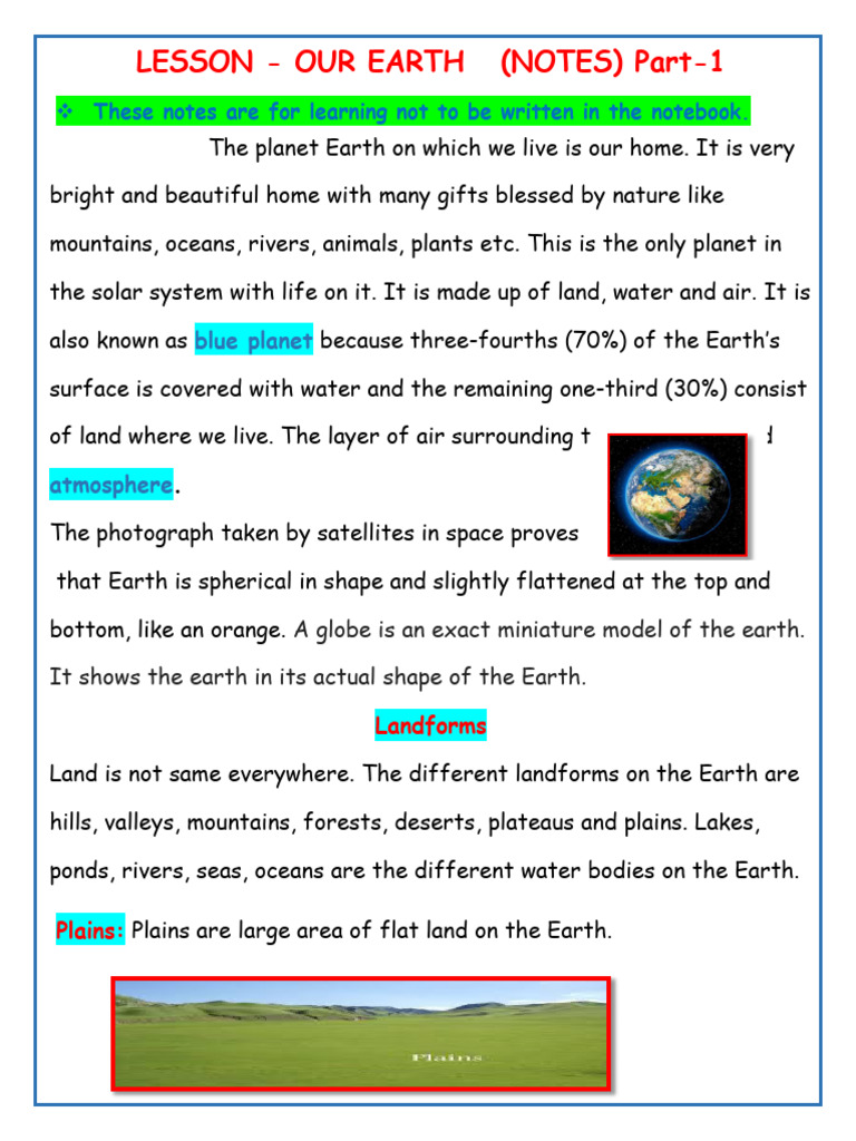 Evs Class Ii Our Earth Notes Part1 202021 Yamini Bajaj | PDF