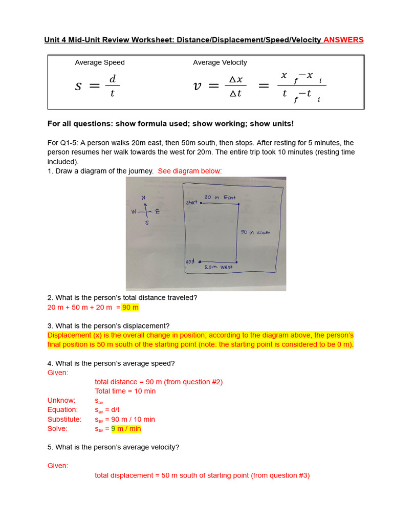 Unit 2 Review Worksheet - Distance - Displacement - Speed - Velocity ...