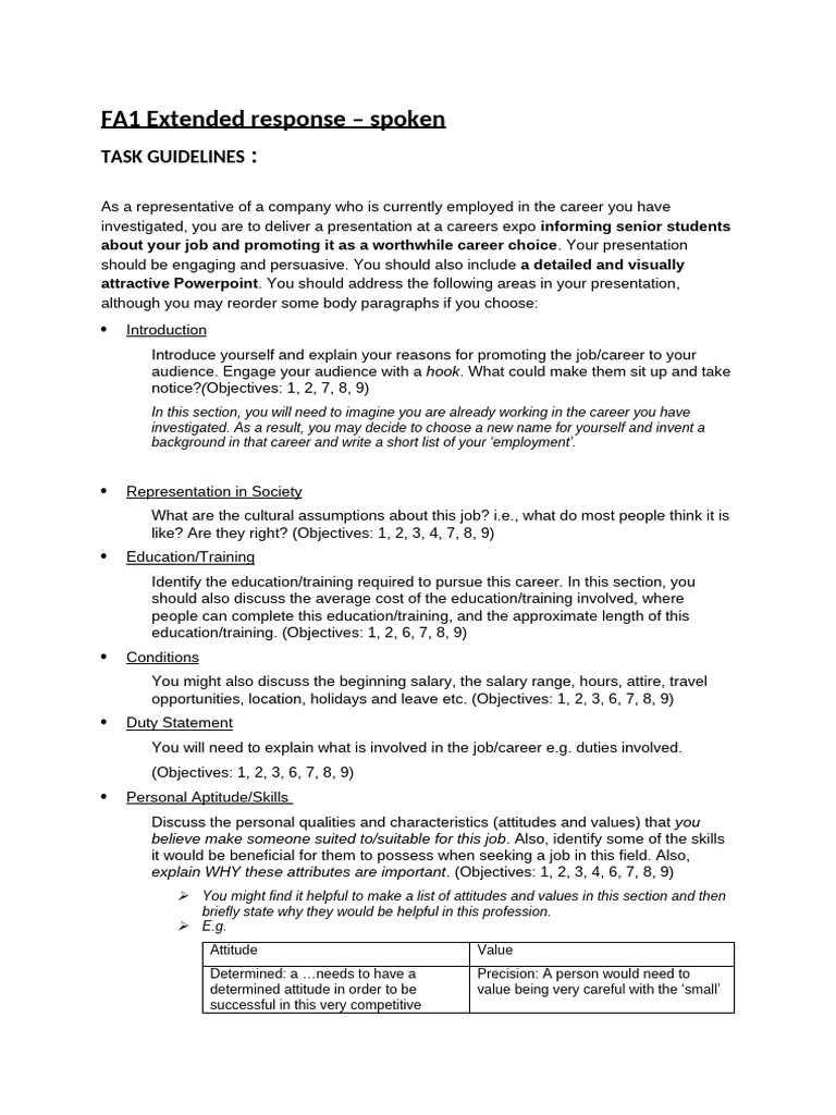 FA1 Extended Spoken Response Guidelines | PDF