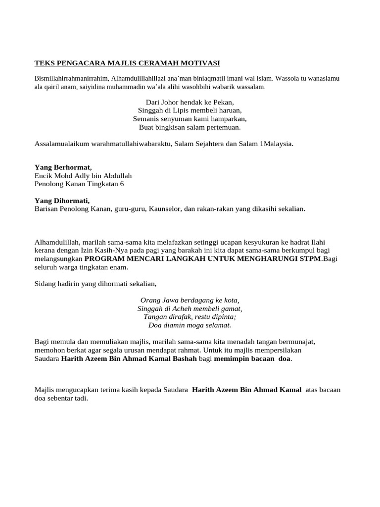 Teks Pengacara Majlis Ceramah Motivasi | PDF