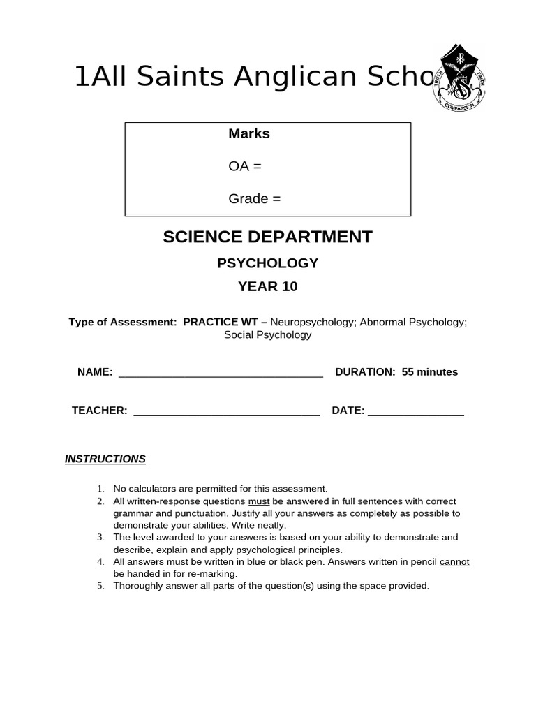 2024 Practice Year 10 Psychology Exam Answers | PDF
