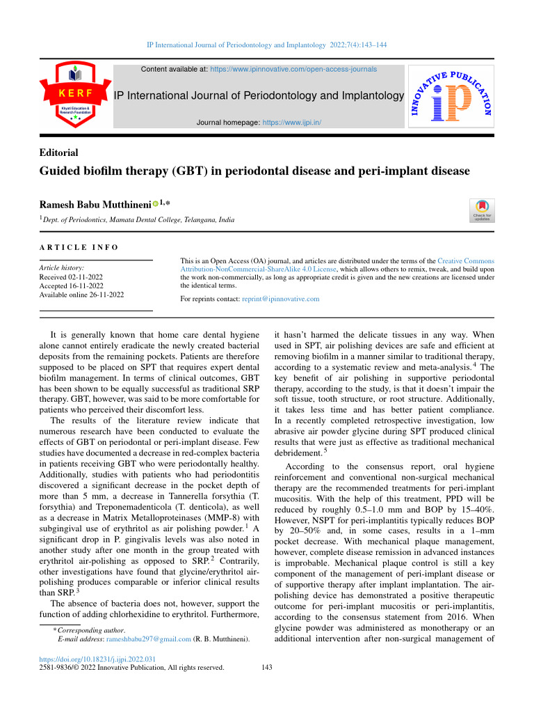 Guided Biofilm Therapy GBT in Periodontal Disease and Peri Implant ...