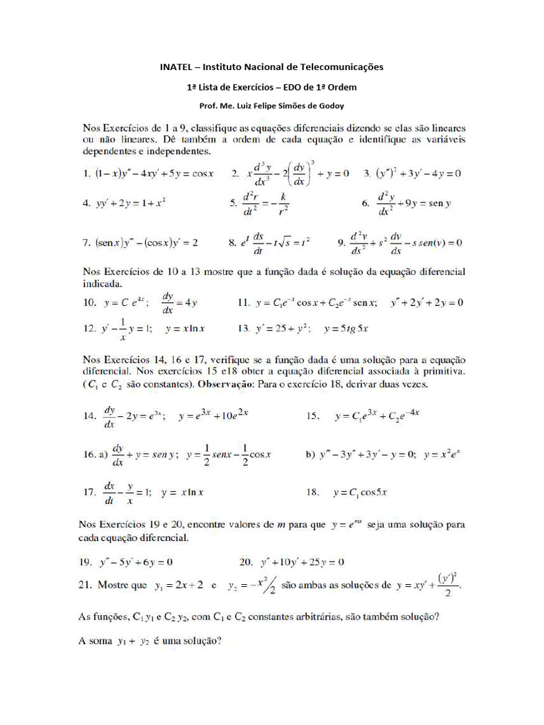 1 Lista de Exercícios - EDO | PDF
