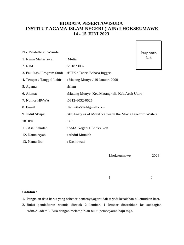 BIODATA PESERTA WISUDA MUTIA | PDF