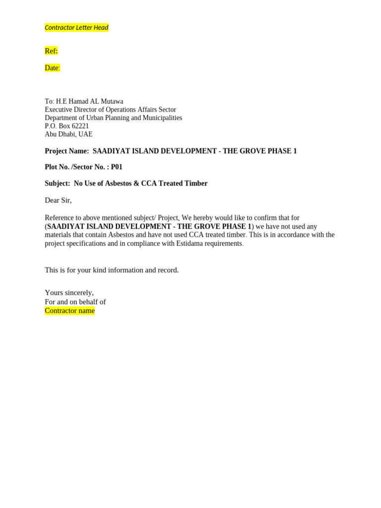 Contractor Undertaking Letter-No Asbestos and CCA | PDF