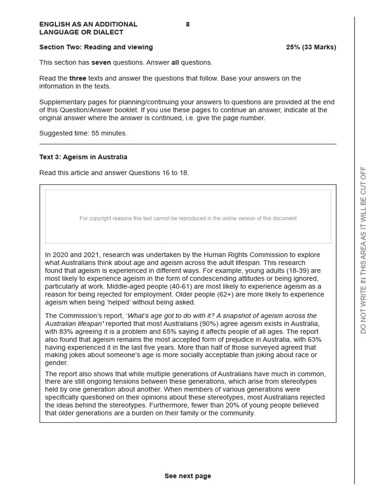 SFMS YEAR 12 EALD Sample Paper 1 (Reading_Viewing) | PDF