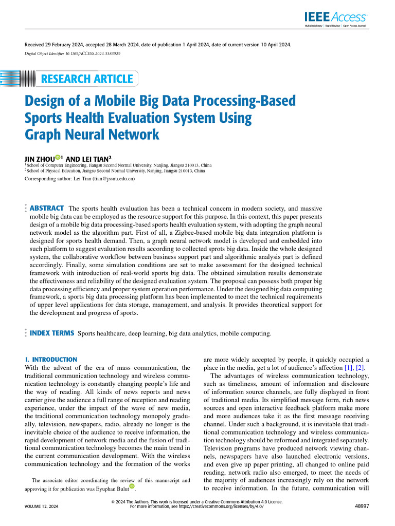 Design of A Mobile Big Data Processing-Based Sports Health Evaluation System Using Graph Neural ...