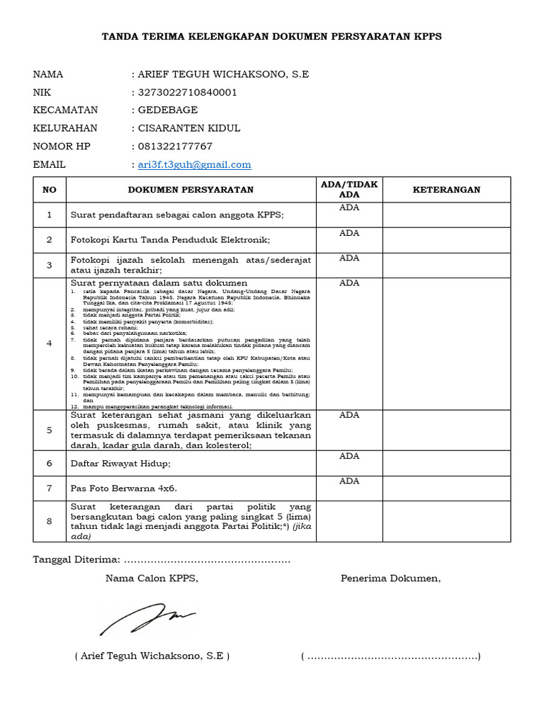 DAFTAR ISIAN KELENGKAPAN DOKUMEN PERSYARATAN KPPS | PDF DAFTAR ISIAN KELENGKAPAN DOKUMEN PERSYARATAN KPPS | PDF