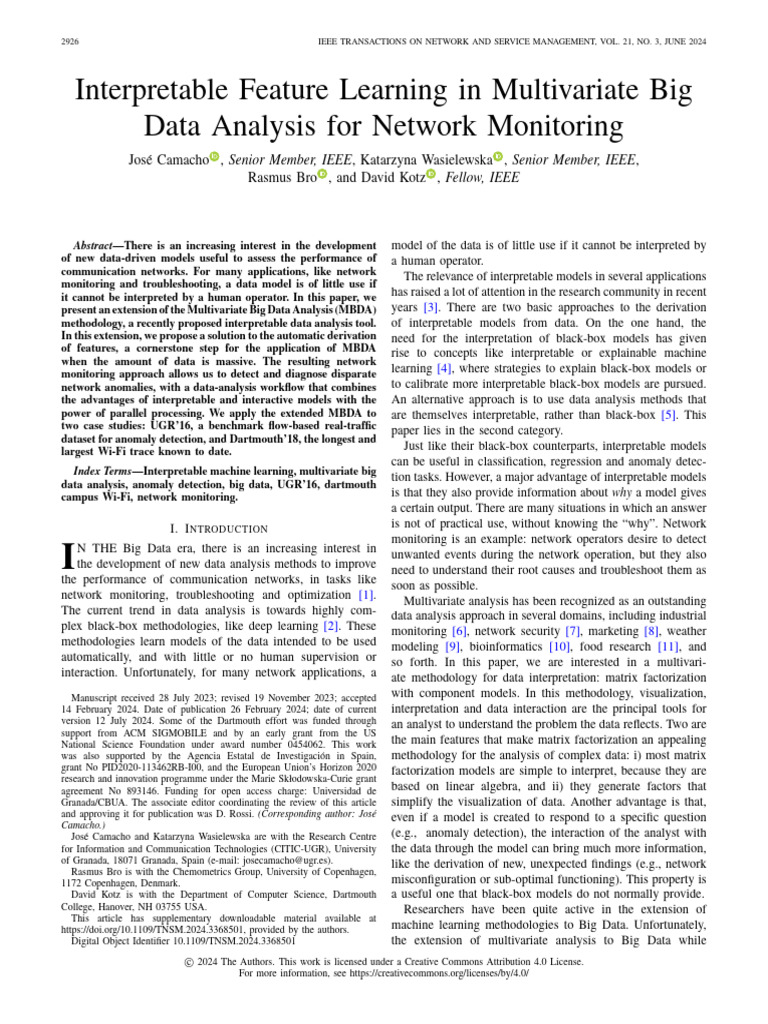 Interpretable Feature Learning in Multivariate Big Data Analysis For Network Monitoring | PDF