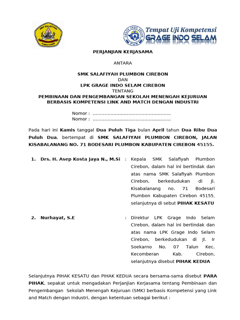 MOU SMK Salafiyah Plumbon Dengan Grage Indo Selam | PDF