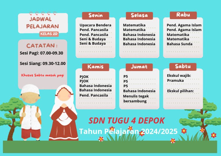 Jadwal Pelajaran Kelas 2D SDN Tugu 4 Depok TP 20242025 | PDF