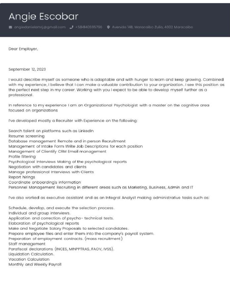Angie Escobar - Cover Letter | PDF