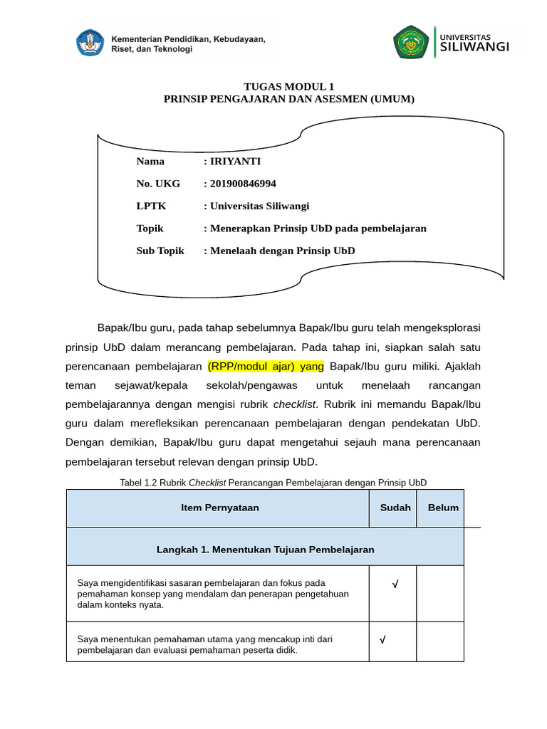 RPP Pembelajaran dengan Prinsip UbD | PDF