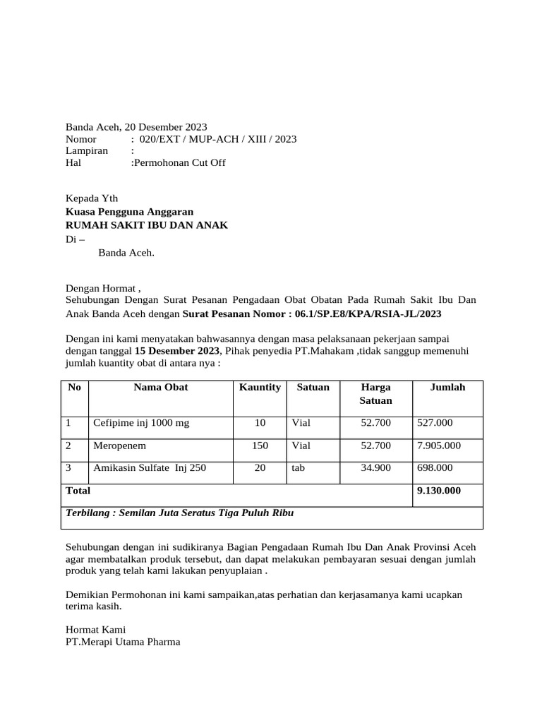 Surat Cut Off RSIA | PDF | Law