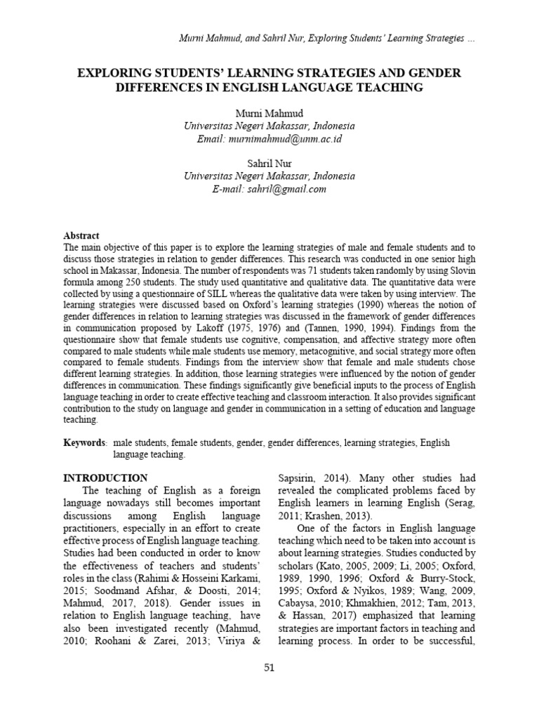 Exploring Students' Learning Strategies and Gender Differences in English Language Teaching | PDF