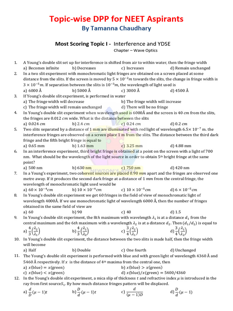 NEET DPP 1 - YDSE and Interference | PDF