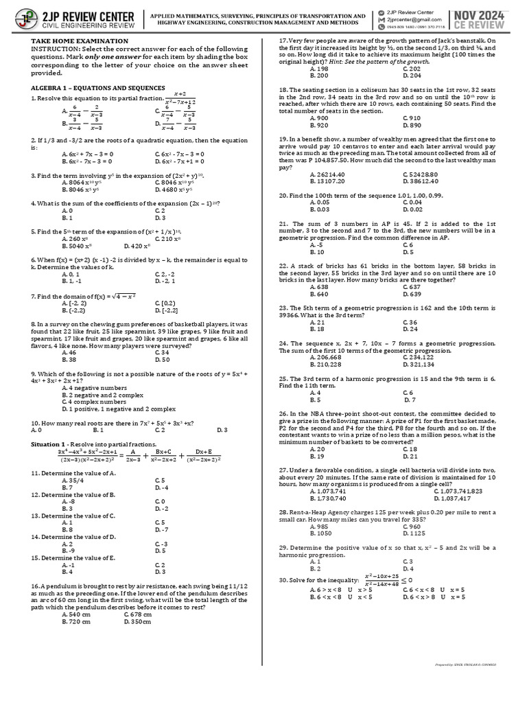 Take Home Exam - Algebra 1 Review | PDF
