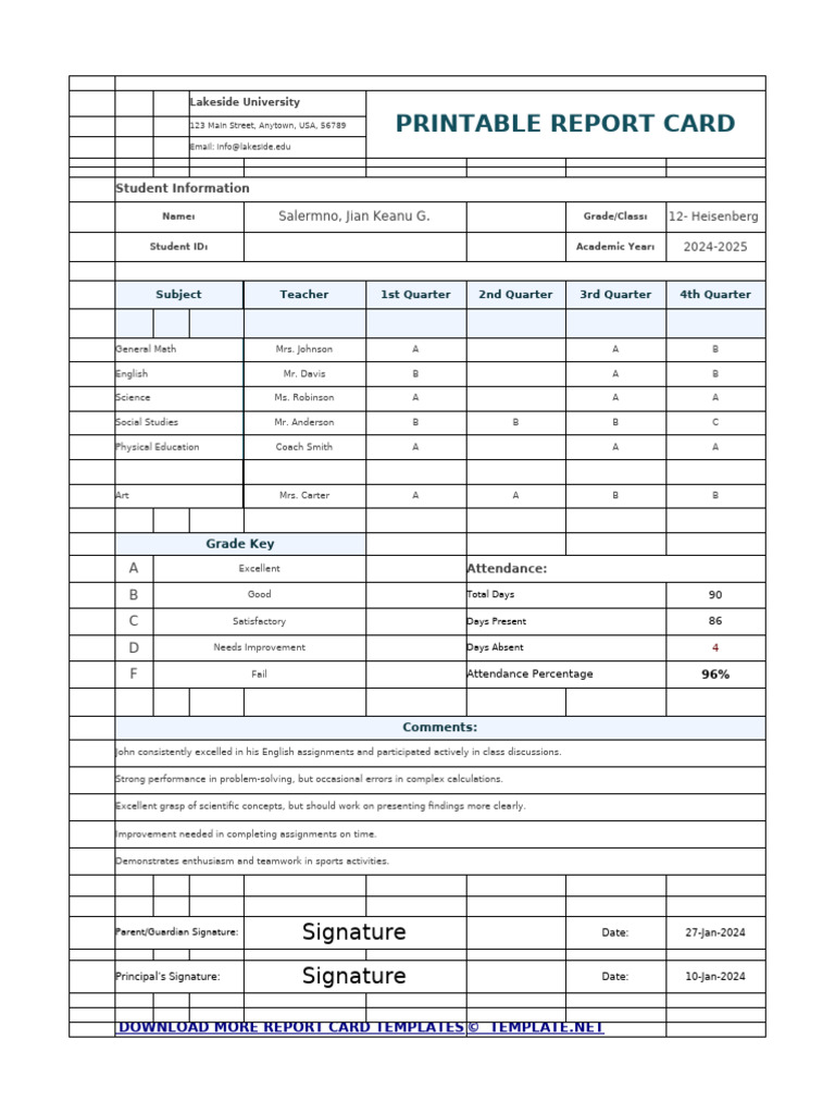 Printable Report Card Template | PDF