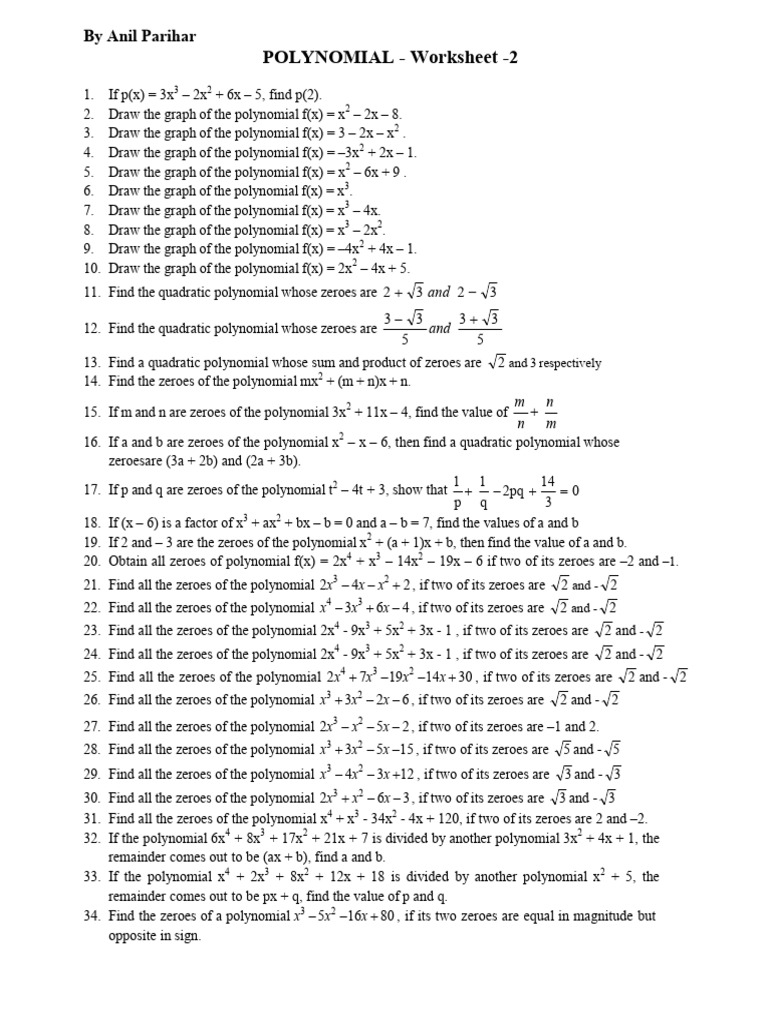 POLYNOMIAL Worksheet-2 | PDF