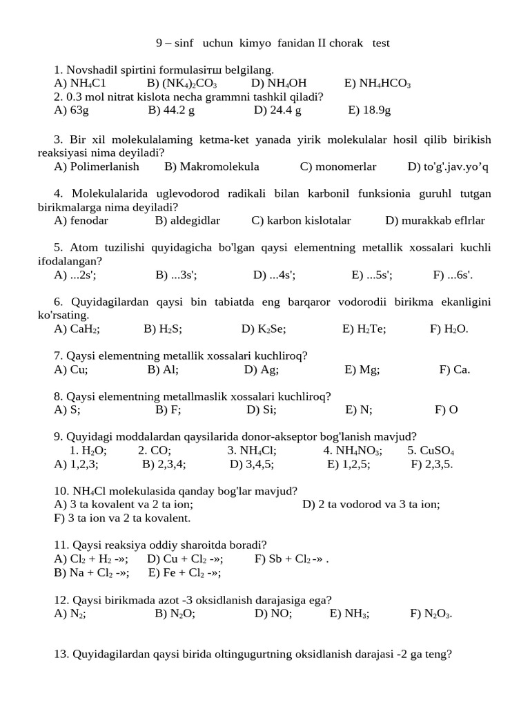 9 Sinf Kimyo Fanidan Testlar 1 | PDF