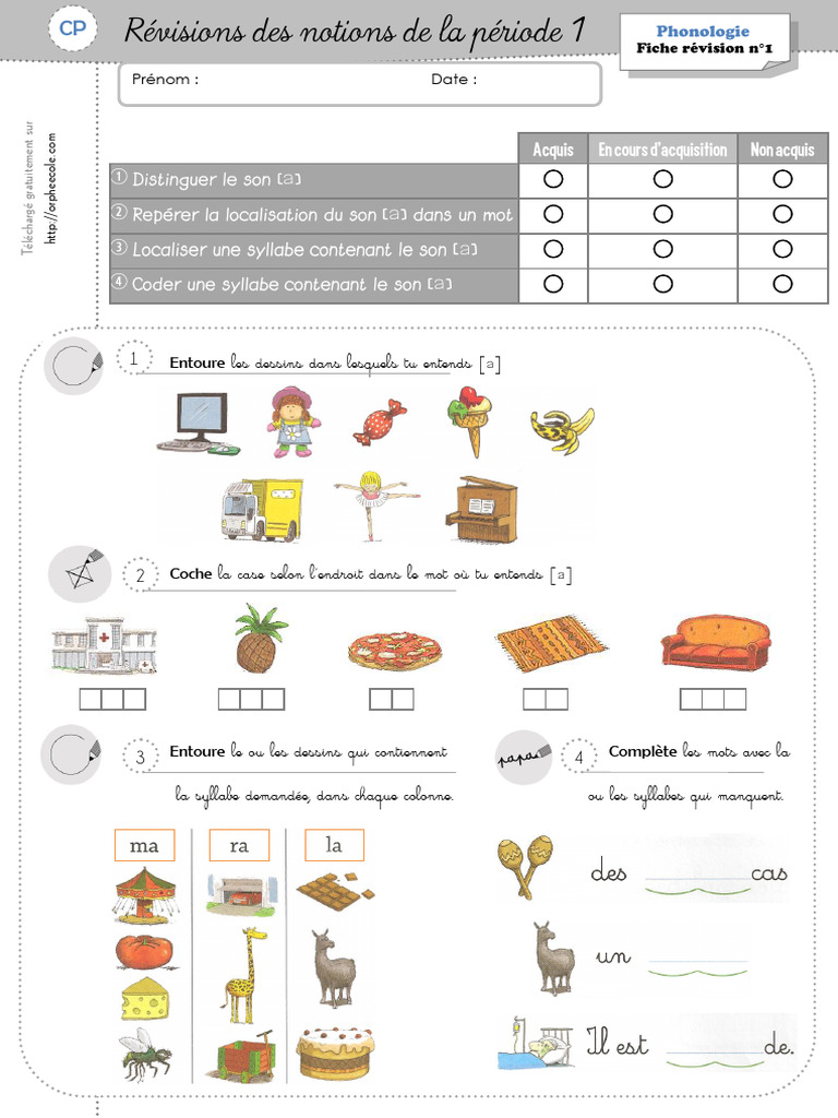 Evaluation Phonologie CP 1ère Période | PDF