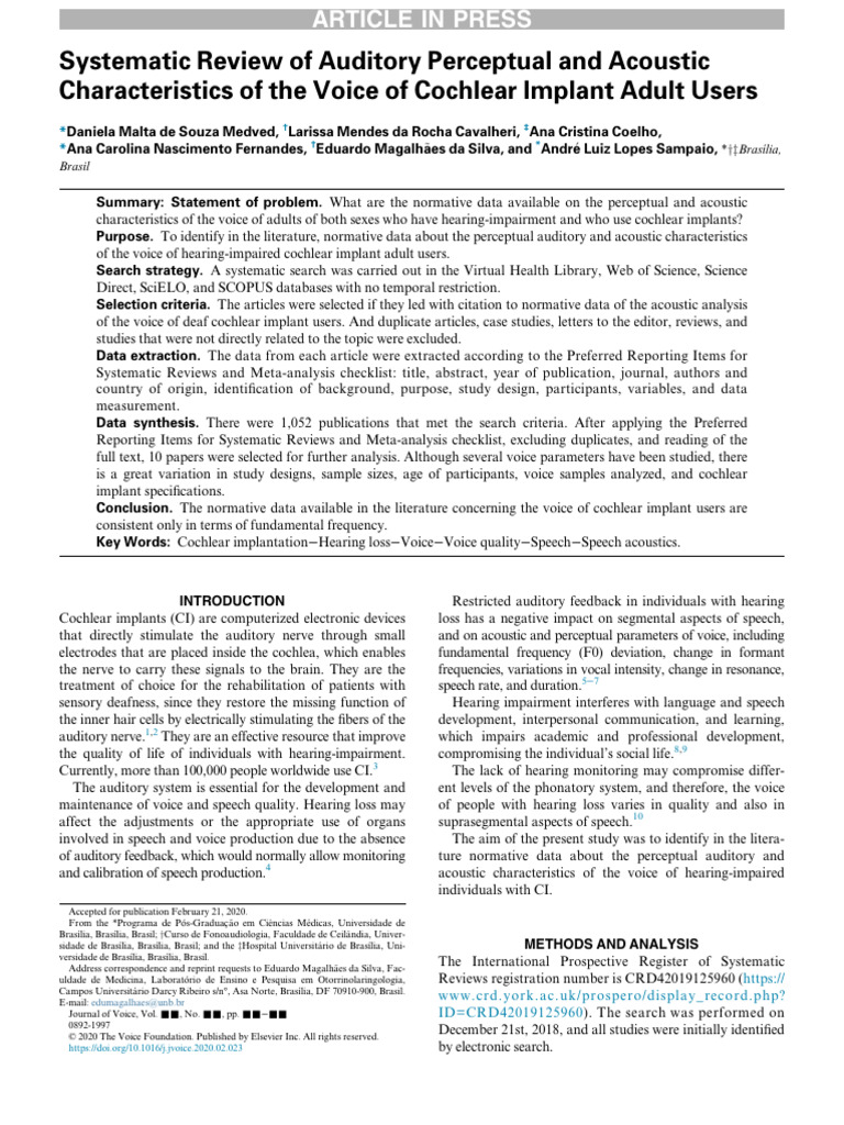 Systematic Review of Auditory Perceptual and Acoustic Characteristics of The Voice of Cochl | PDF
