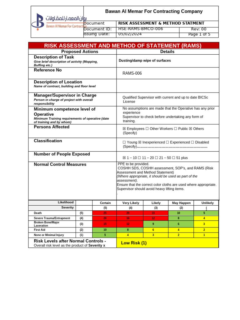 HSE-RAMS - BMCO 006 Damp Wipe of Surface | PDF
