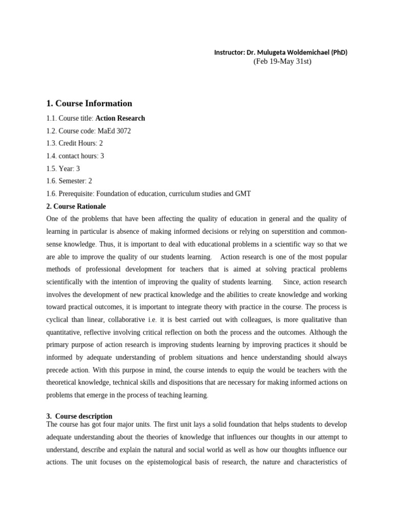 Action Research Course Outline MaEd 2031 | PDF | Learning | Action Research