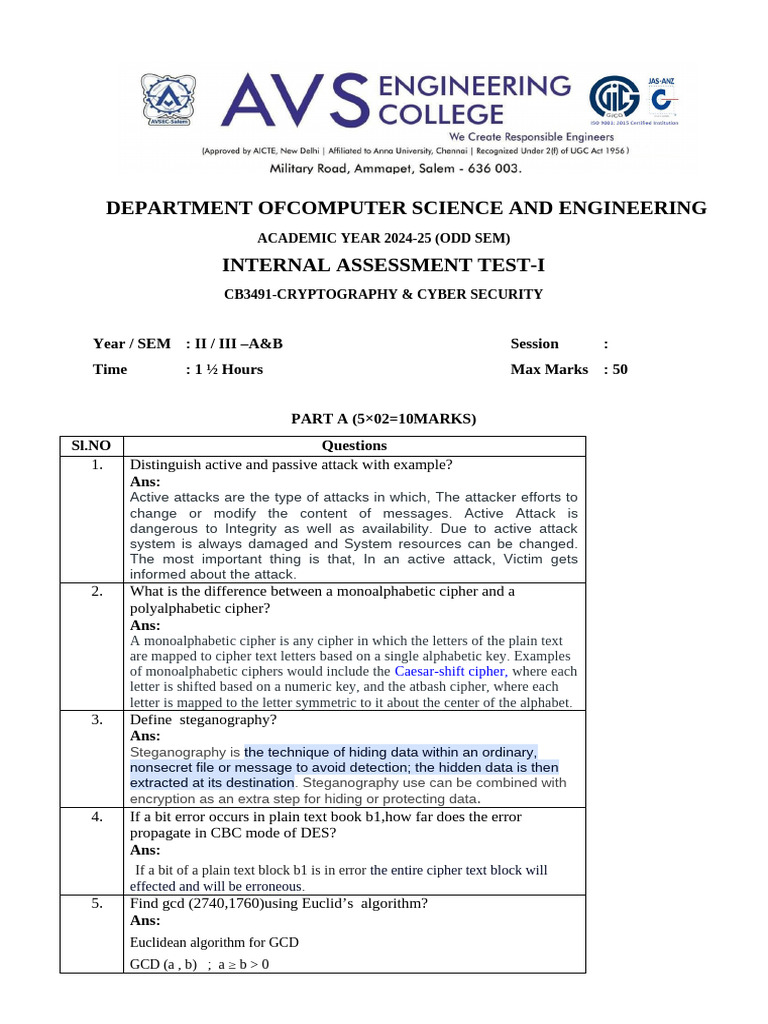 Ccs Iat Answer Key | PDF | Encryption | Cipher Ccs Iat Answer Key | PDF | Encryption | Cipher