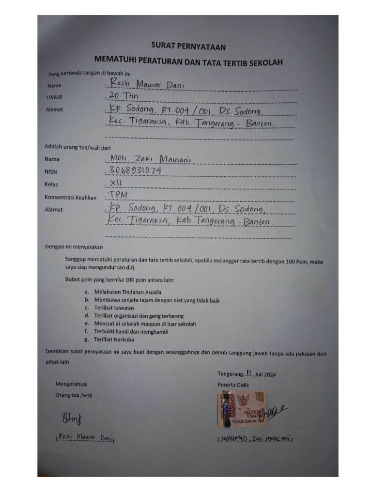SURAT PERNYATAAN MEMATUHI DAN TATA TERTIB SEKOLAH_ZAKI | PDF