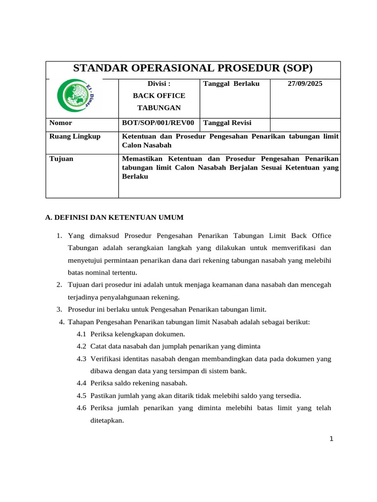Sop Back Office Tabungan Penarikan Tabungan Limit | PDF
