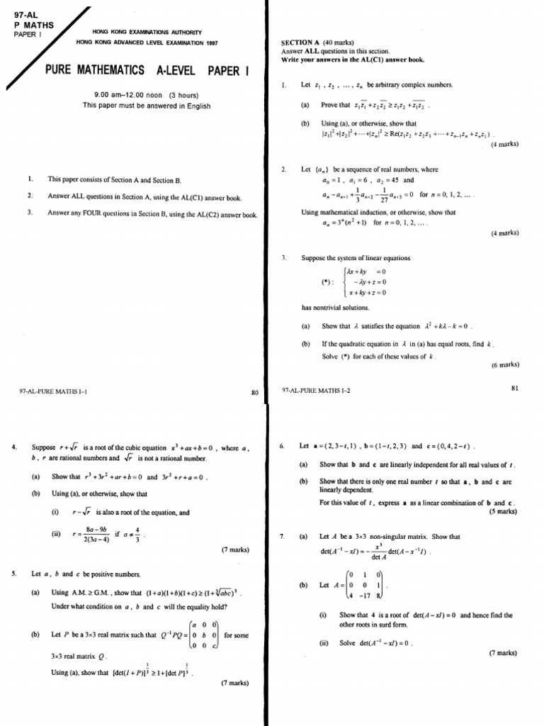 1997 AL Pure Math Paper1 | PDF