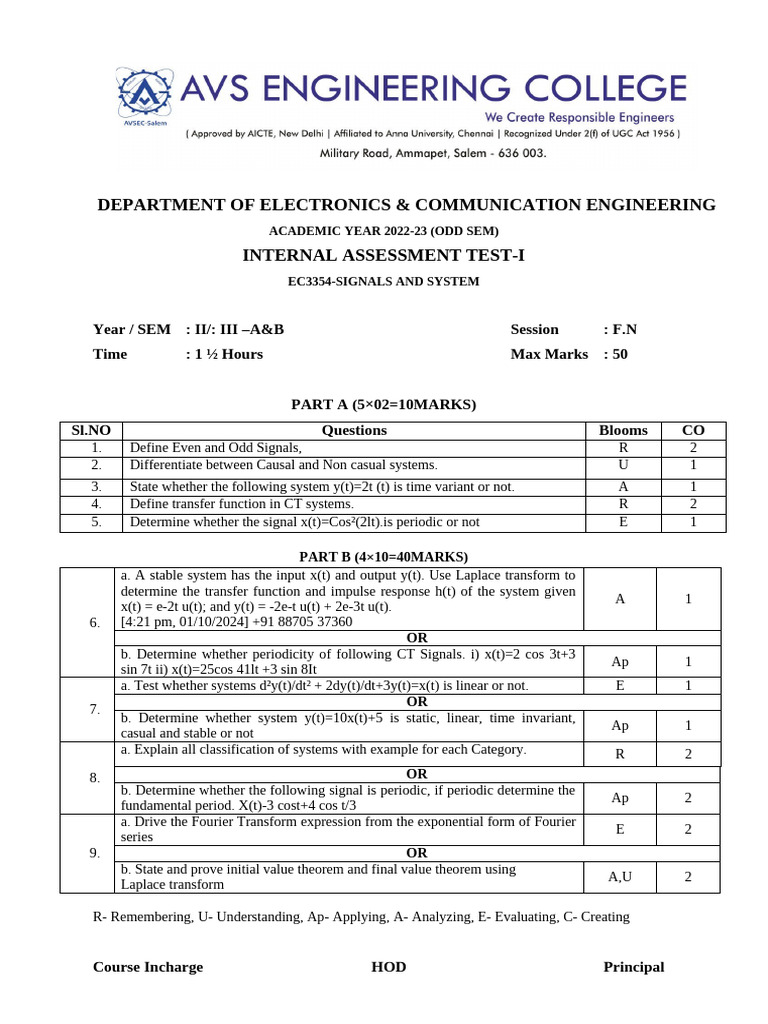 Iat 1 - Signals and System | PDF | Laplace Transform | Mathematics