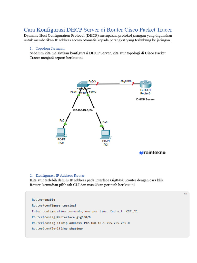 Cara Konfigurasi DHCP Server Di Router Cisco Packet Tracer | PDF