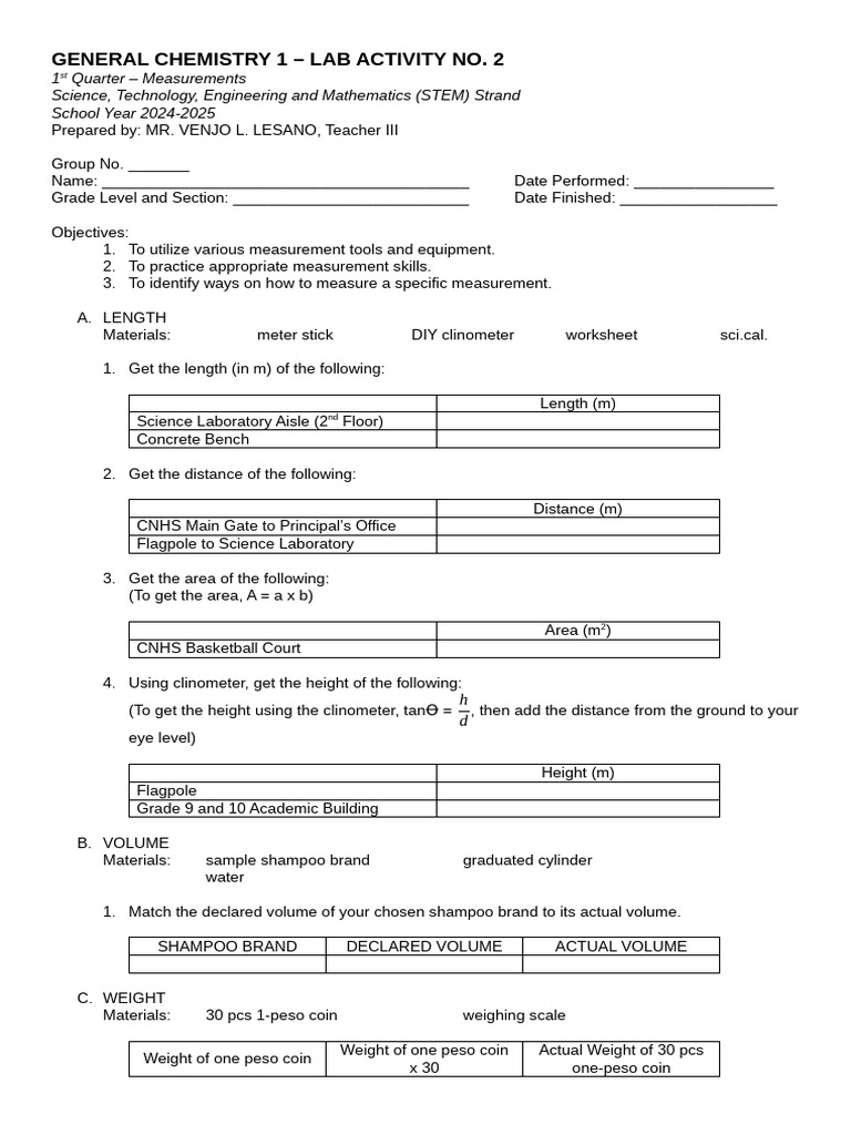 Gen - Chem.1 - Laboratory Activity No. 2 (Measurements) | PDF