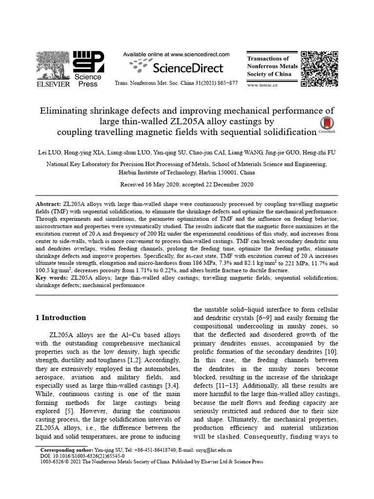 TMF-Enhanced ZL205A Casting Performance | PDF | Microstructure | Fracture