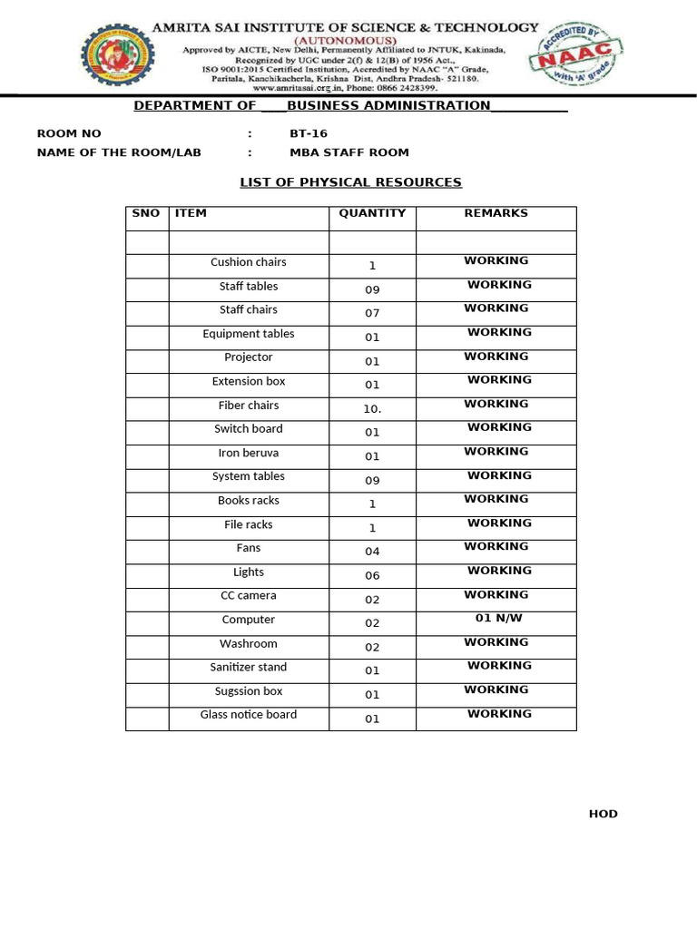 2-Hod Chamber & Staff Room Stock | PDF