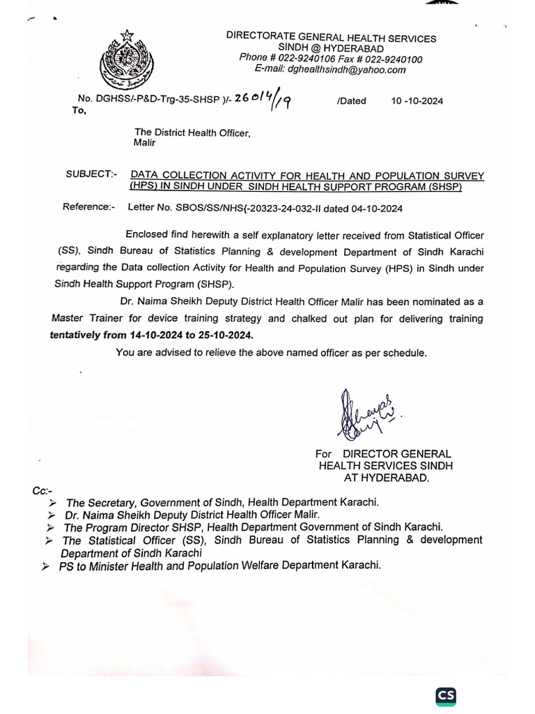 Data Collection Activity For Health and Population Survey HPS in Sindh Under Sindh Health ...