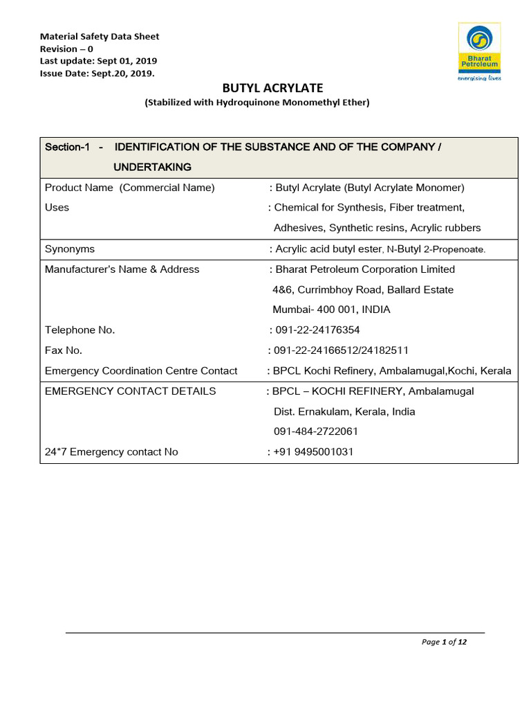 BPCL - Butyl Acrylate Msds | PDF