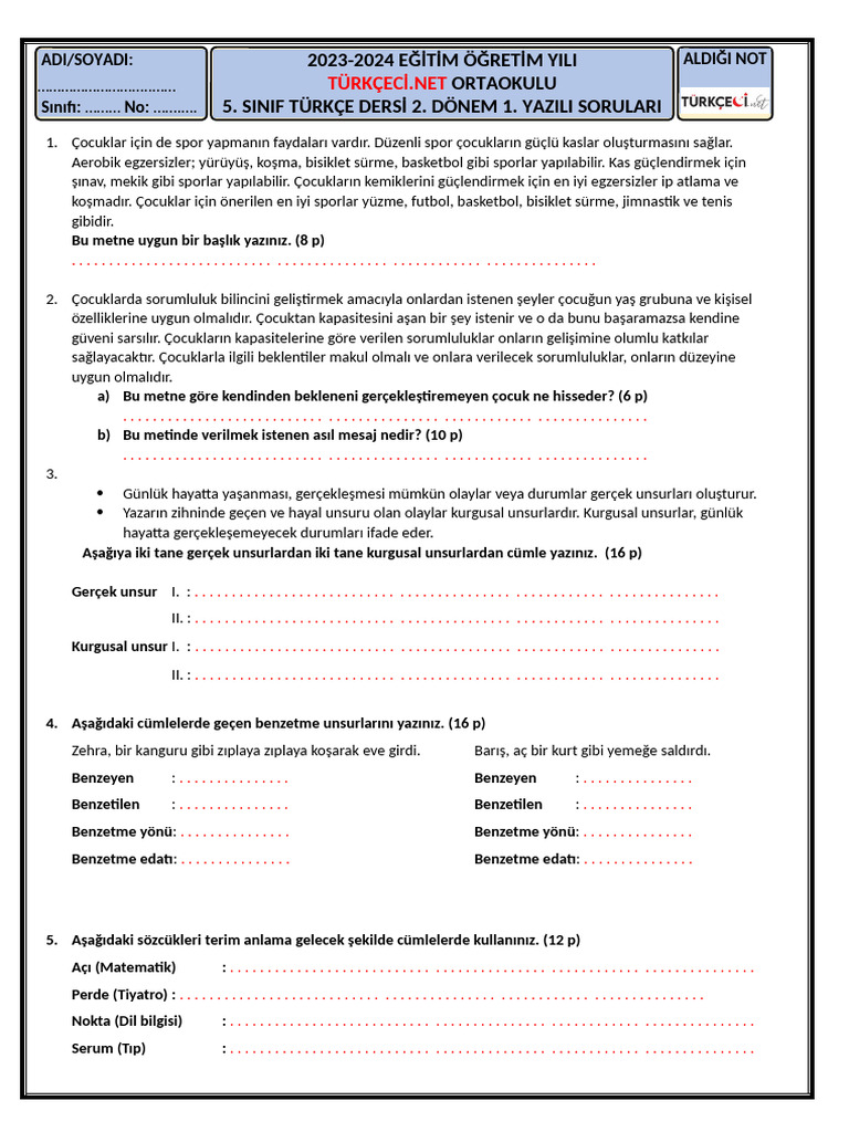 2023 2024 Egitim Ogretim Yili Turkce Dersi 5. Sinif 2. Donem 1. Acik Uclu Sinav 2. Senaryo Bilal ...