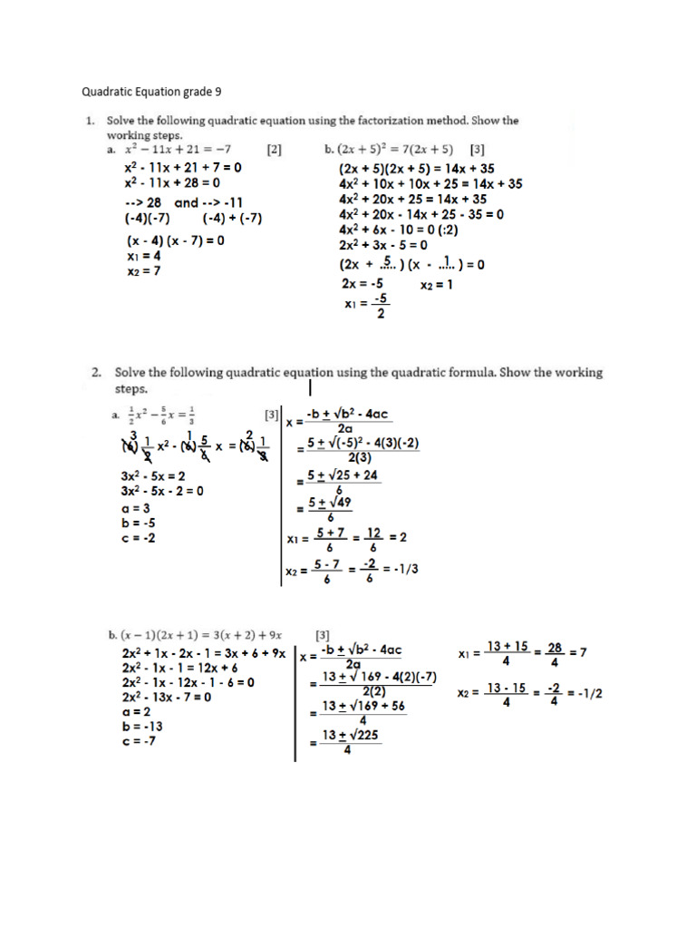 Quadratic Equation Grade 9 | PDF