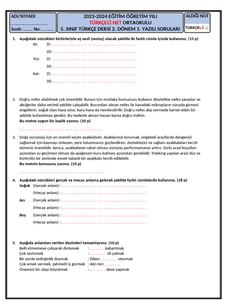 2023 2024 Egitim Ogretim Yili Turkce Dersi 5. Sinif 2. Donem 1. Acik Uclu Sinav 1. Senaryo Bilal ...