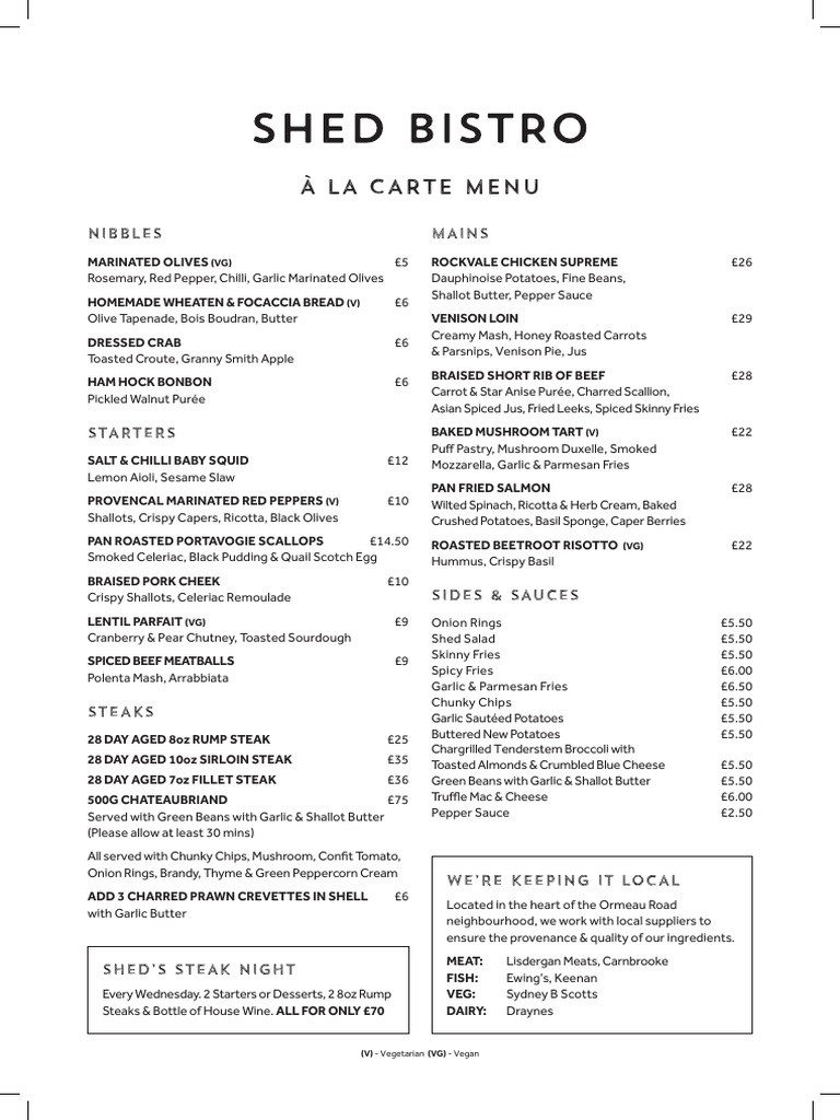Shed Bistro A La Carte A4 Menu Sept 2024 v6 1 | PDF | French Fries | Garlic