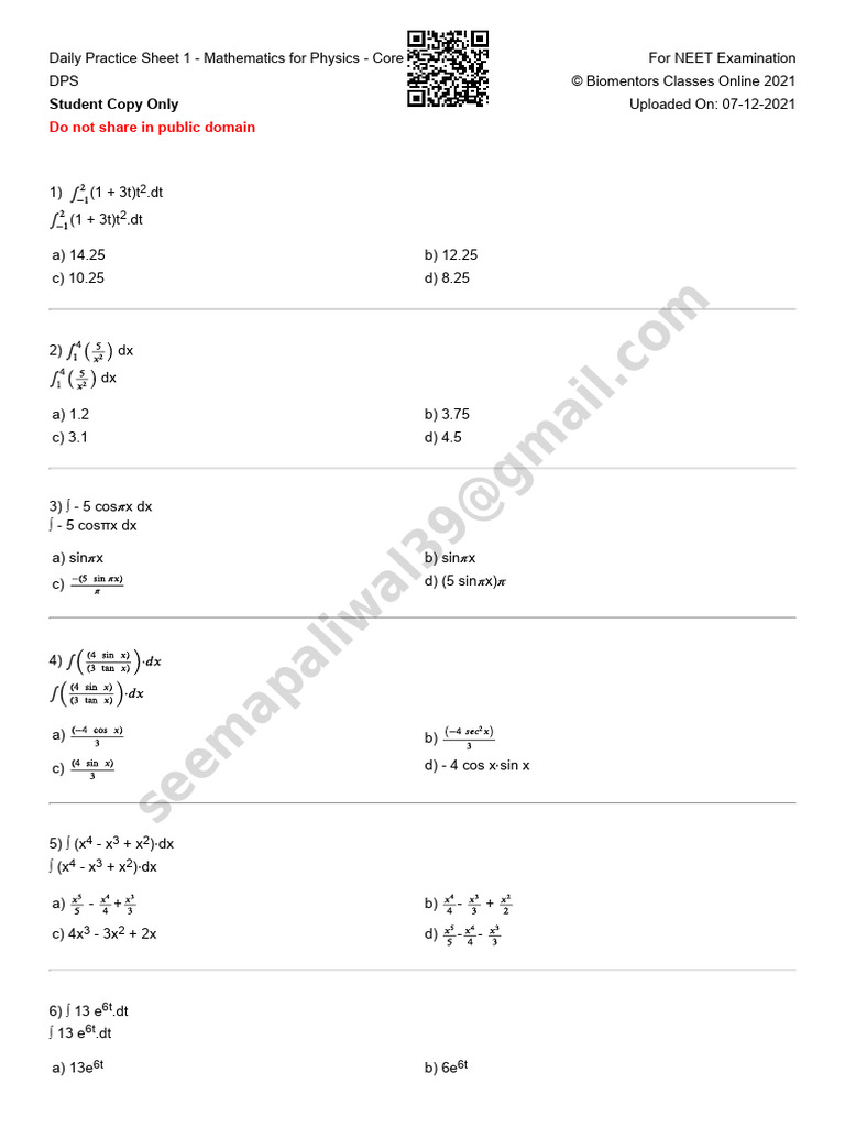 NEET Math Practice Sheet | PDF | Mathematical Concepts | Calculus