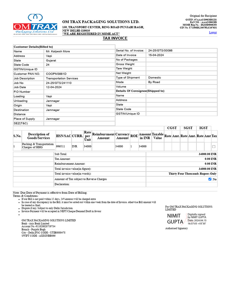 Om Trax Packaging Solutions LTD.: Tax Invoice | PDF