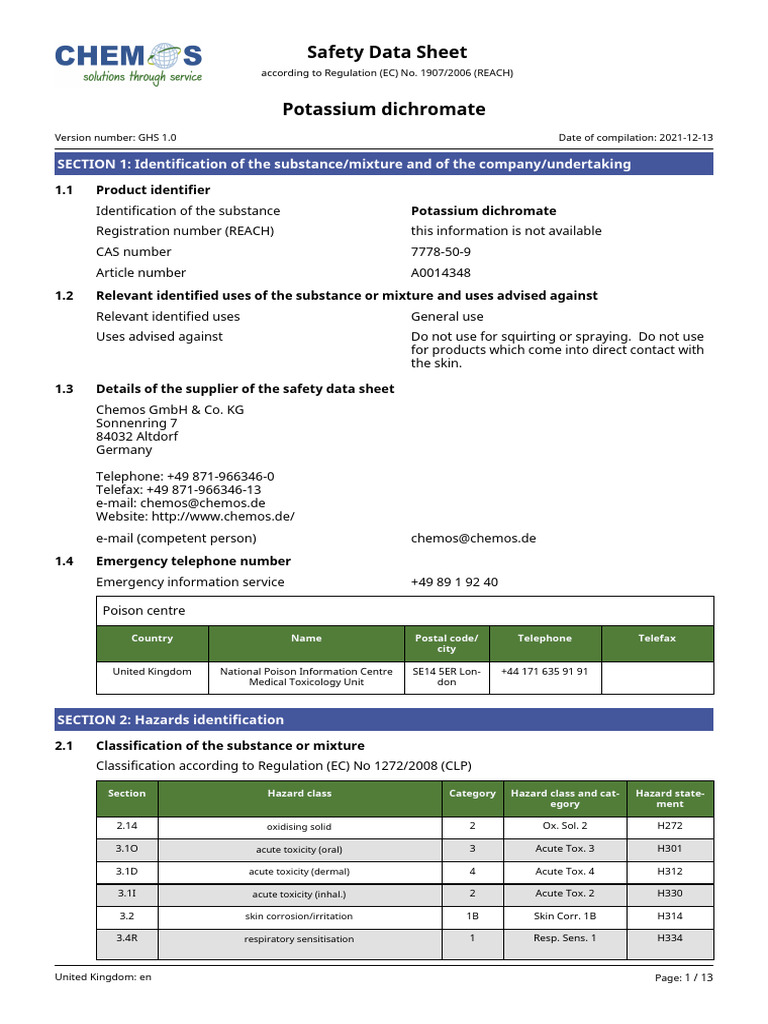 7778-50-9-A0014348-GB-en - Potassium Dichromate | PDF