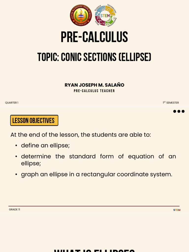 PRECALCULUS-CONIC-SECTIONS-LESSON3-ELLIPSE | PDF