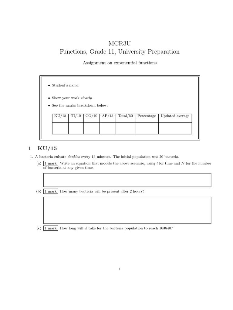 Mcr3u Assignment Exponential Functions | PDF