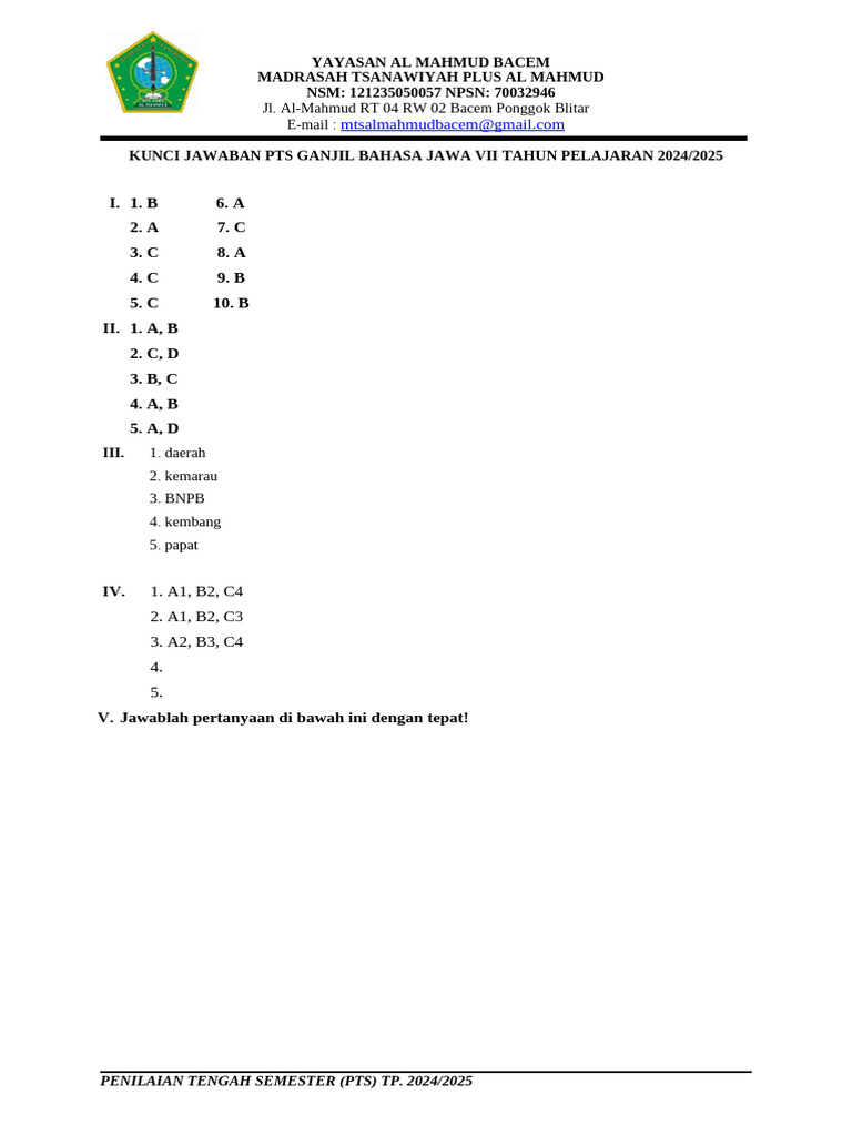 Kunci Jawaban Pts Ganjil 7 BJW | PDF